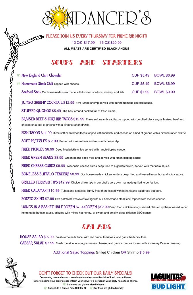 Menus | Sundancers Cape Cod