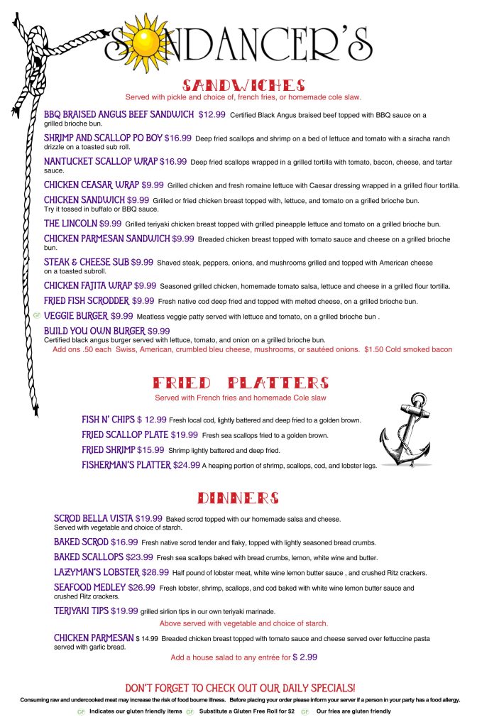 Menus | Sundancers Cape Cod