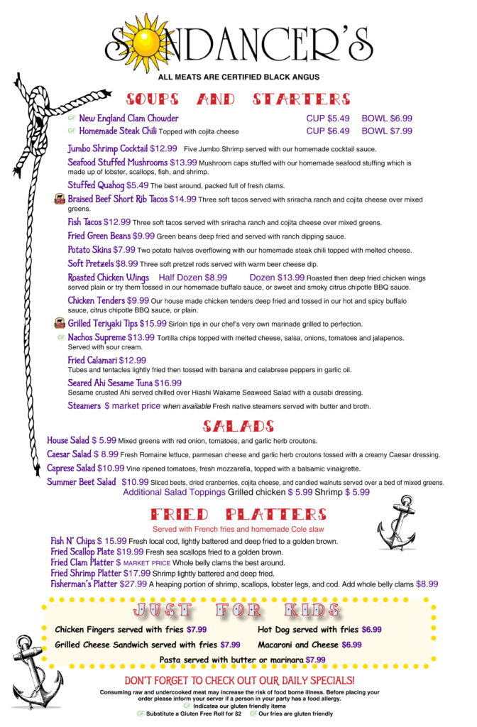 Menus | Sundancers Cape Cod