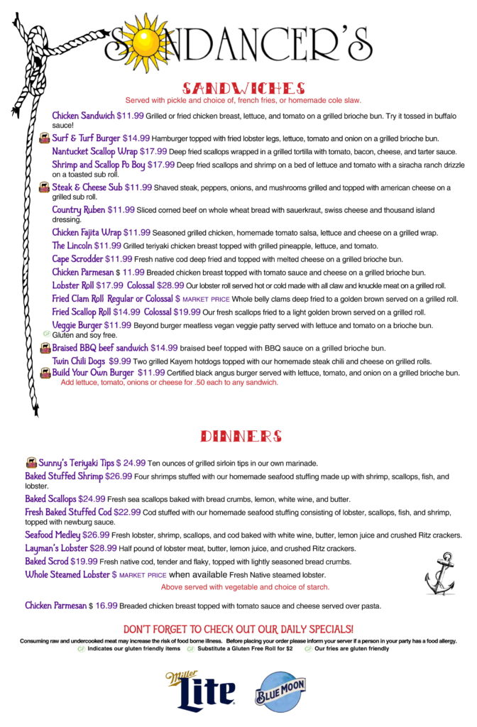 Menus | Sundancers Cape Cod