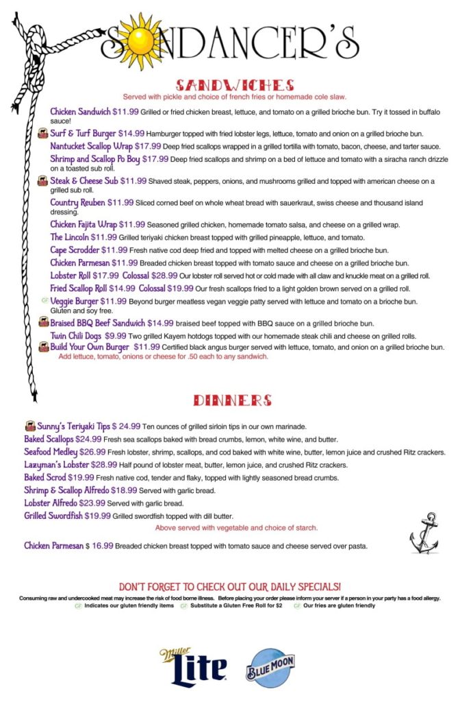Menus | Sundancers Cape Cod