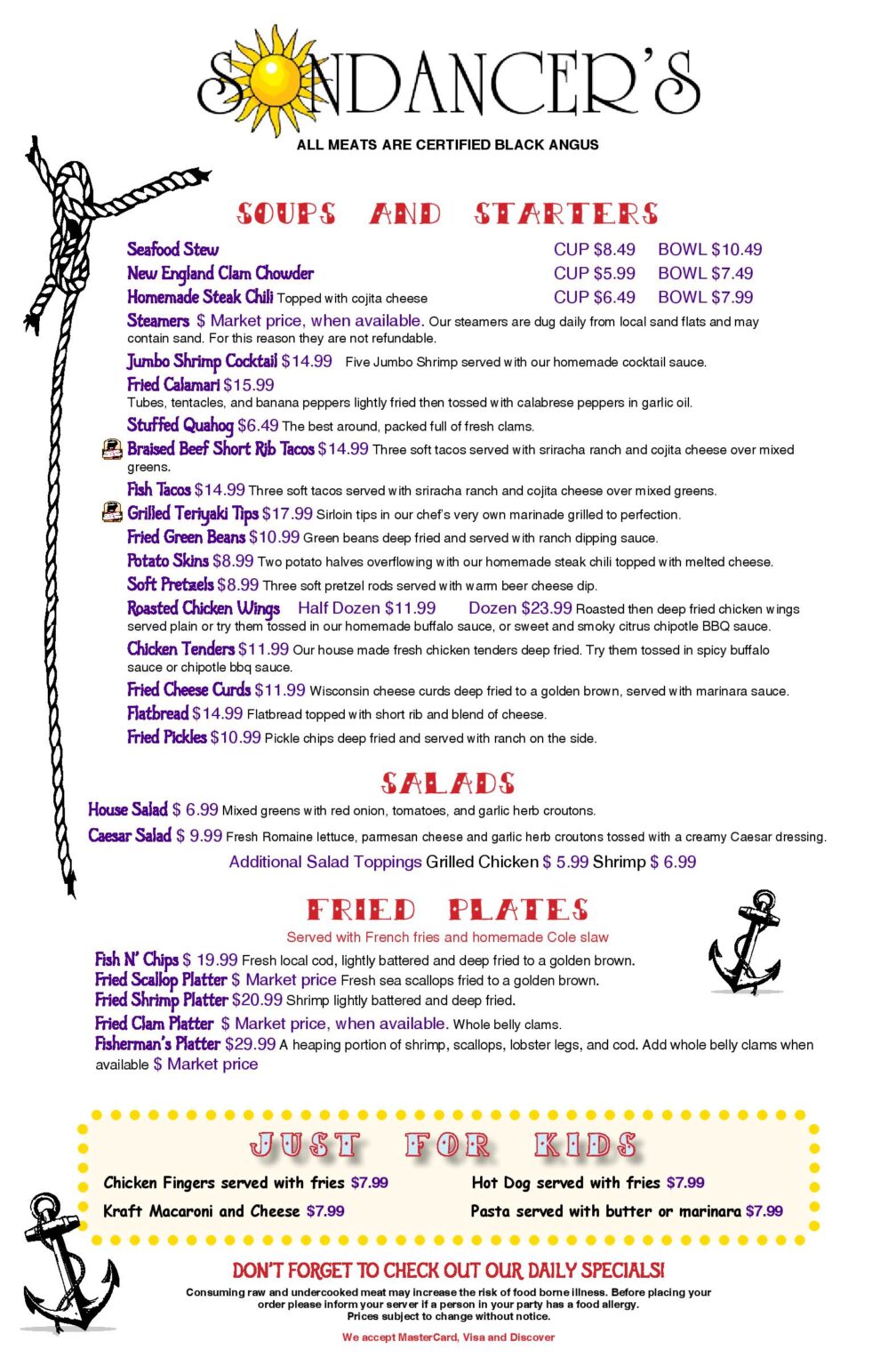 Menus | Sundancers Cape Cod
