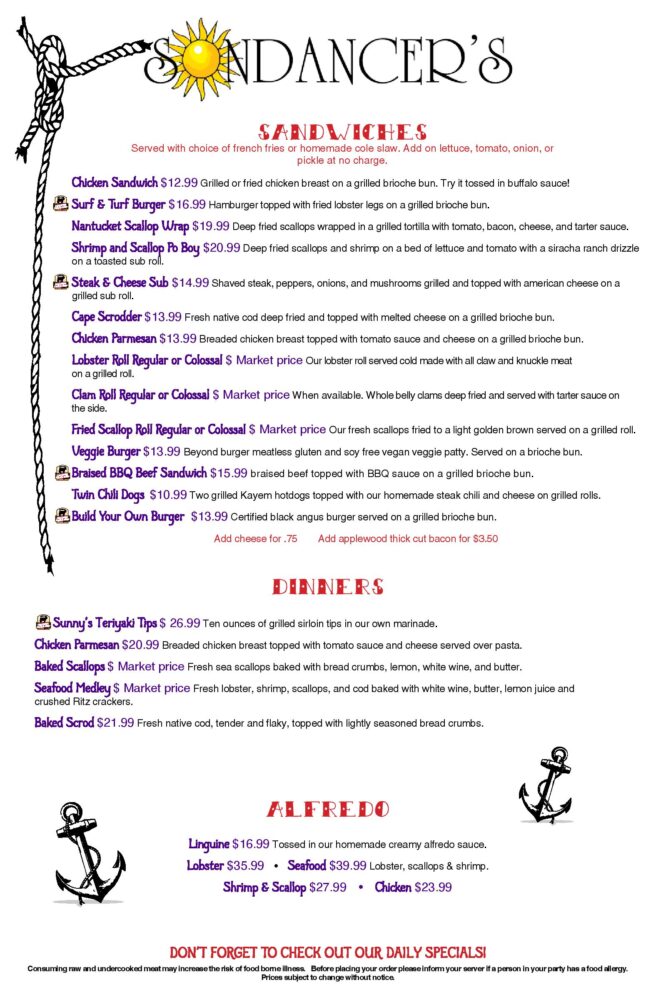 Menus | Sundancers Cape Cod