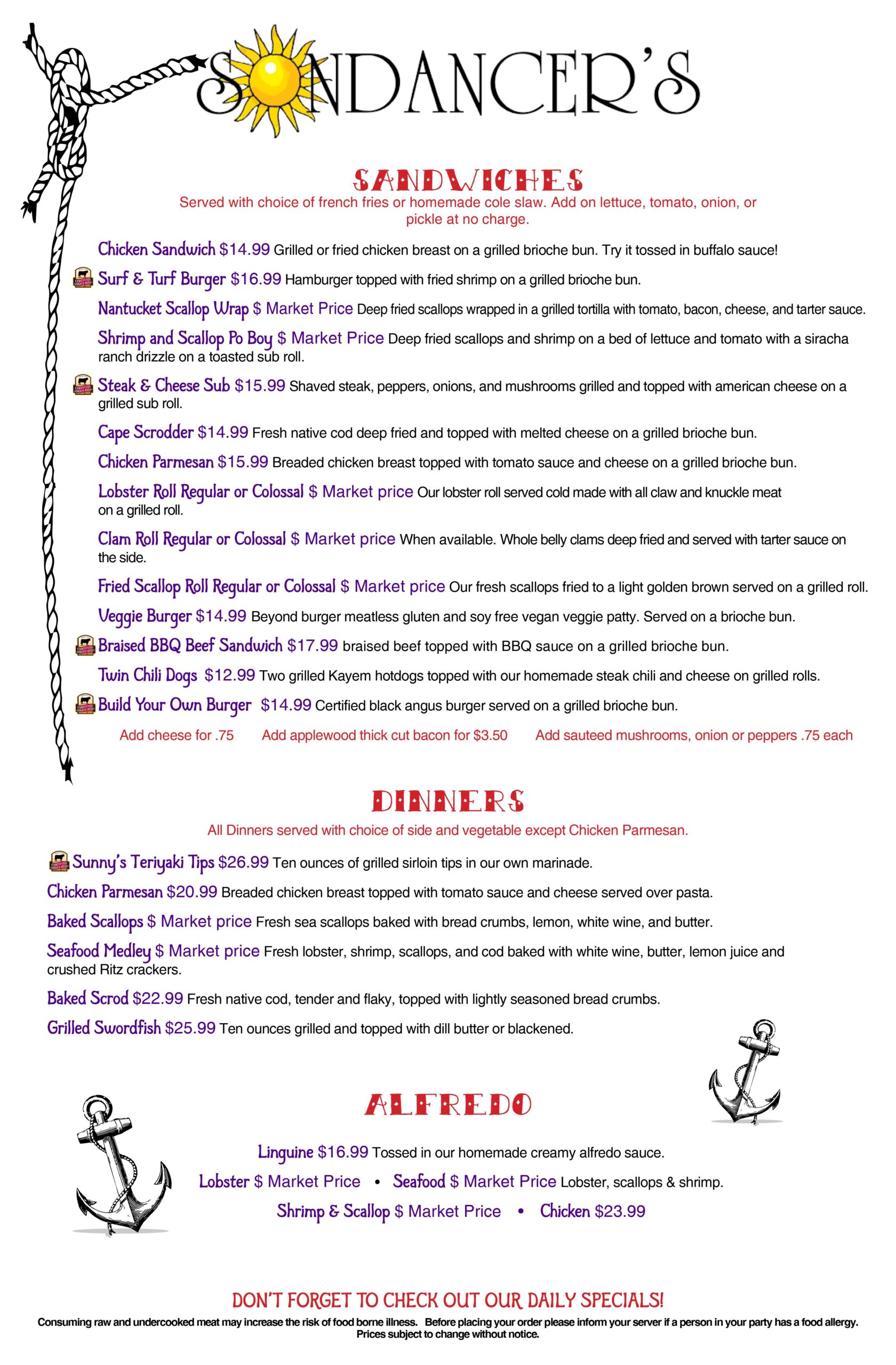 Menus | Sundancers Cape Cod