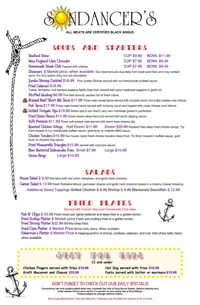Menus | Sundancers Cape Cod